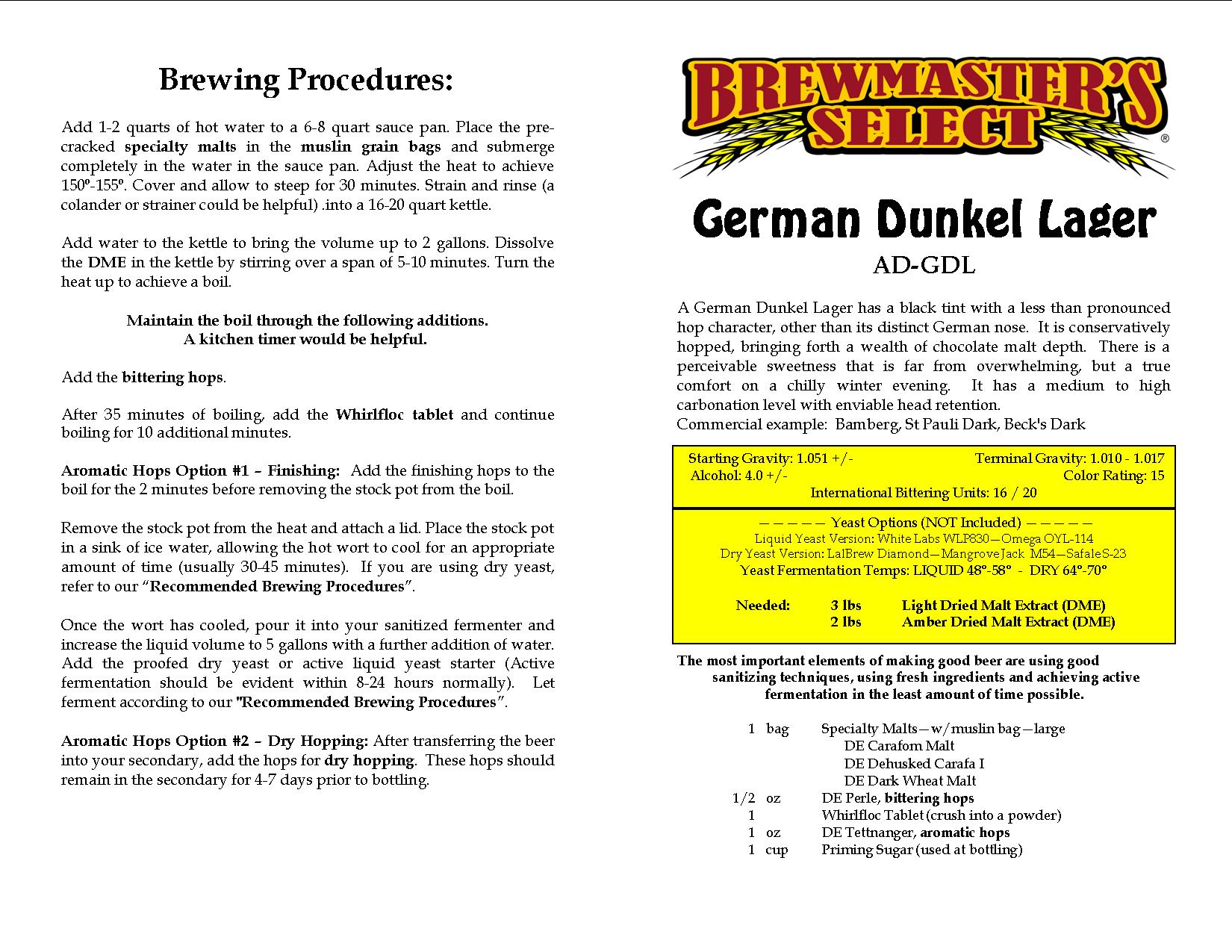 German Dunkel Lager Home Brew Extract Recipe Kit | Alternative Beverage
